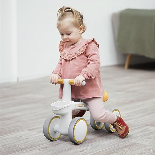 Umatoll Baby Balance Bike for 1 Year Old Boys Girls, 12-24 Months Toddler Balance Bike with Removable Basket, Adjustable Seat, 4 Wheels Infant Bike, First Birthday Gift, White