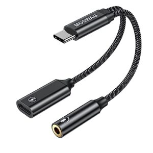 moswag usb c to 3.5mm headphone and charger adapter, 2-in-1 usb c to aux audio jack hi-res dac and fast charging dongle cable compatible with pixel 6 5,galaxy s23 s22 s21 s20+plus note 20