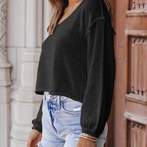 Dokotoo Women Fall Crochet Tops 2023 Spring Summer Trendy Outfits Clothes V Neck Cropped Sweaters Long Sleeve Lightweight Comfy Thin Knitted Casual Sweater Pullover Jumper Winter Clothes Black Medium