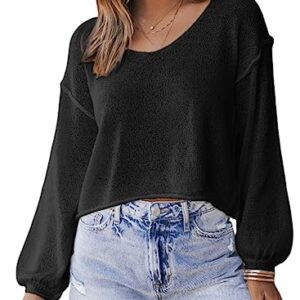 Dokotoo Women Fall Crochet Tops 2023 Spring Summer Trendy Outfits Clothes V Neck Cropped Sweaters Long Sleeve Lightweight Comfy Thin Knitted Casual Sweater Pullover Jumper Winter Clothes Black Medium