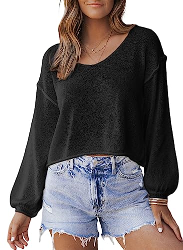 Dokotoo Women Fall Crochet Tops 2023 Spring Summer Trendy Outfits Clothes V Neck Cropped Sweaters Long Sleeve Lightweight Comfy Thin Knitted Casual Sweater Pullover Jumper Winter Clothes Black Medium