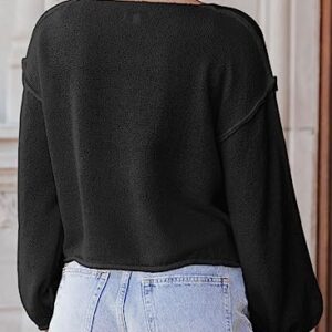 Dokotoo Women Fall Crochet Tops 2023 Spring Summer Trendy Outfits Clothes V Neck Cropped Sweaters Long Sleeve Lightweight Comfy Thin Knitted Casual Sweater Pullover Jumper Winter Clothes Black Medium