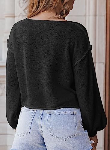 Dokotoo Women Fall Crochet Tops 2023 Spring Summer Trendy Outfits Clothes V Neck Cropped Sweaters Long Sleeve Lightweight Comfy Thin Knitted Casual Sweater Pullover Jumper Winter Clothes Black Medium