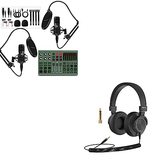 Podcast Equipment Bundle for 2 - Audio Interface DJ Mixer with Podcast Microphone All-In-One Audio Mixer with Headphone