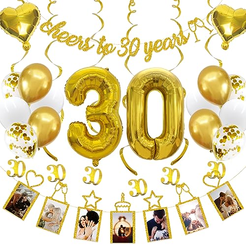 30th Anniversary and Birthday Decorations Party Supplies Set of Cheers to 30 Years Photo Banner and Balloons,Hanging Swirls for 30 year Anniversary,Birthday decor(Gold)