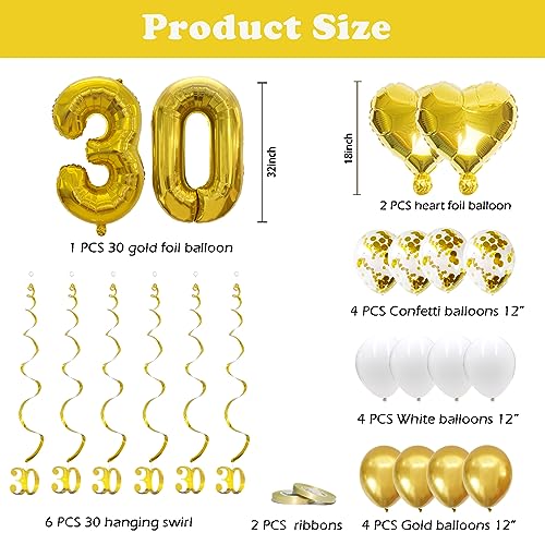 30th Anniversary and Birthday Decorations Party Supplies Set of Cheers to 30 Years Photo Banner and Balloons,Hanging Swirls for 30 year Anniversary,Birthday decor(Gold)