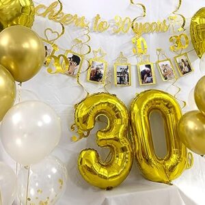 30th Anniversary and Birthday Decorations Party Supplies Set of Cheers to 30 Years Photo Banner and Balloons,Hanging Swirls for 30 year Anniversary,Birthday decor(Gold)