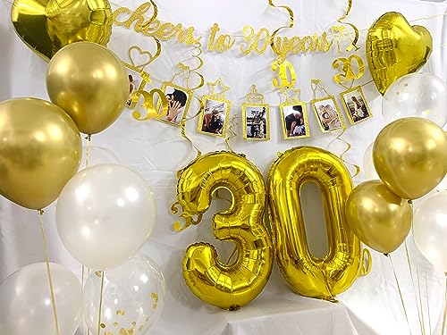 30th Anniversary and Birthday Decorations Party Supplies Set of Cheers to 30 Years Photo Banner and Balloons,Hanging Swirls for 30 year Anniversary,Birthday decor(Gold)