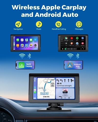 Portable Car Stereo Wireless Apple Carplay Android Auto with 7" HD IPS Touch Screen Car Radio Audio Receivers Bluetooth5.0, AirPlay, GPS Navigation for Car, Siri/Google Assistant, Calling, AUX/FM