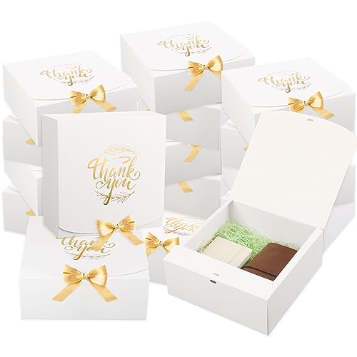 Fulmoon 30 Pcs Large Thank You Gift Boxes with Lids 10 x 10 x 4 Inch Bridesmaid Proposal Box with Ribbon Kraft Paper Present Wrap Box for Wedding Anniversaries Birthday Packaging Baby Shower(White)