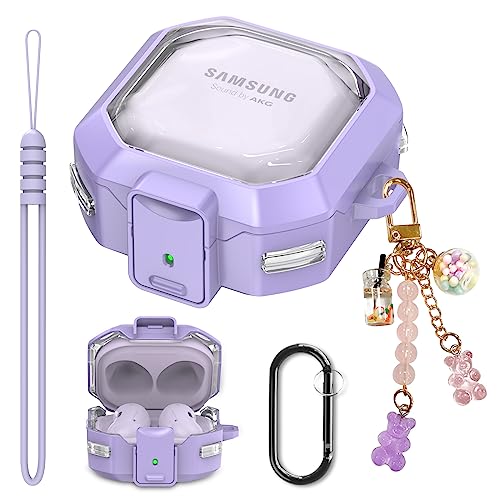 Secure Lock Clear Case for Samsung Galaxy Buds 2 Pro/Galaxy Buds 2/Galaxy Buds Pro/Galaxy Buds Live, TPU Hard Shell Galaxy Buds Live Case with Lanyard & Cute Candy Keychain for Women (Purple)