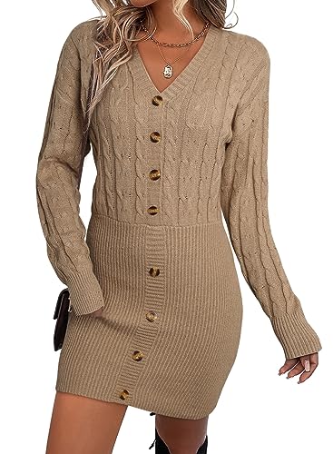 Dokotoo Sweater Dress V Neck Long Sleeve Knit Pullover Sweaters Trendy Buttons Bodycon Mini Dress Khaki Large