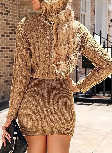 Dokotoo Sweater Dress V Neck Long Sleeve Knit Pullover Sweaters Trendy Buttons Bodycon Mini Dress Khaki Large