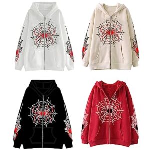 Karwuiio Women's Spider Zip Up Hoodie Y2K Oversized Vintage Graphic Hooded Sweatshirt Goth Grunge Aesthetic Hoodies (Red, S)