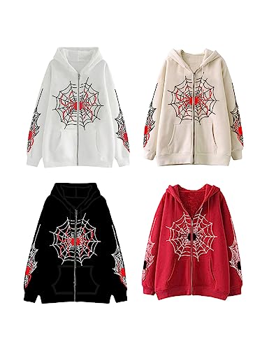 Karwuiio Women's Spider Zip Up Hoodie Y2K Oversized Vintage Graphic Hooded Sweatshirt Goth Grunge Aesthetic Hoodies (Red, S)