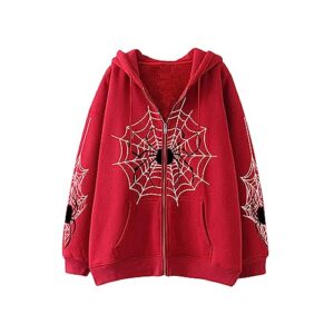 Karwuiio Women's Spider Zip Up Hoodie Y2K Oversized Vintage Graphic Hooded Sweatshirt Goth Grunge Aesthetic Hoodies (Red, S)