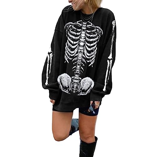 VILOVE Women Gothic Skeleton Sweatshirt Punk Oversized Skull Graphic Sweater Y2K Halloween Long Sleeve Hoodies Pullover Black