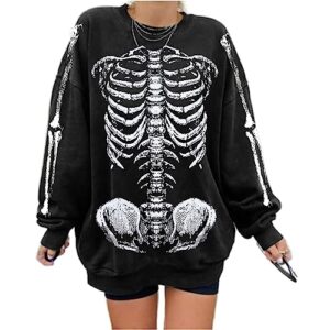 VILOVE Women Gothic Skeleton Sweatshirt Punk Oversized Skull Graphic Sweater Y2K Halloween Long Sleeve Hoodies Pullover Black