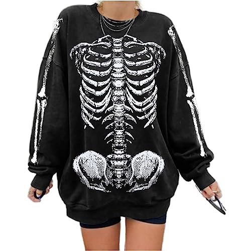 VILOVE Women Gothic Skeleton Sweatshirt Punk Oversized Skull Graphic Sweater Y2K Halloween Long Sleeve Hoodies Pullover Black