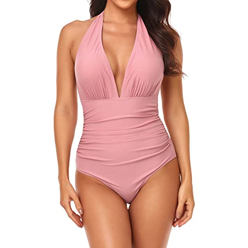 amidoa Women's Halter Plunge Vneck Monokni Swimsuit Sexy Ruched Tummy Control Bathing Suits Bodycon Padded One Piece Swimwear