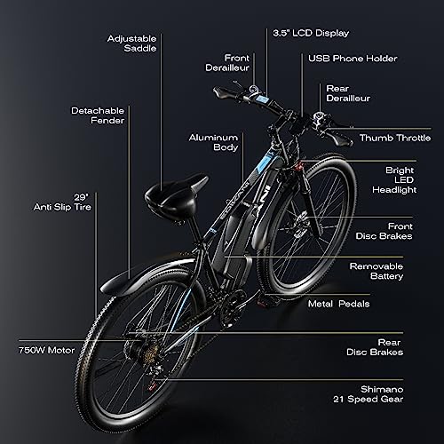 EDIKANI Electric Bike for Adults 29 inch 750w 48v 17.5Ah Class 3 Ebike Battery Power Pedal Assist Throttle Bikes 40 Mileage Electric Bicycle 34mph 21 Speed 25° Uphill Mountain Ebikes UL Certified