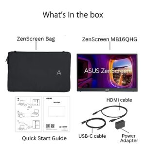 ASUS ZenScreen 16” 16:10 Portable Monitor (MB16QHG) - WQXGA (2560 x 1600), IPS, 120Hz, 100% DCI-P3, Eye Care, L-Shaped Kickstand, Tripod Mountable, USB-C, HDMI, DisplayHDR™ 400, 3-Year Warranty,Black