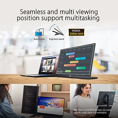 ASUS ZenScreen 16” 16:10 Portable Monitor (MB16QHG) - WQXGA (2560 x 1600), IPS, 120Hz, 100% DCI-P3, Eye Care, L-Shaped Kickstand, Tripod Mountable, USB-C, HDMI, DisplayHDR™ 400, 3-Year Warranty,Black