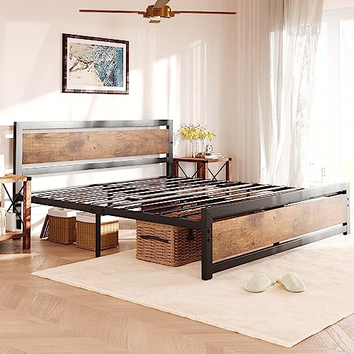 IDEALHOUSE Queen Size Bed Frame with Wooden Headboard and Footboard, Metal Queen Bed Platform No Box Spring Needed, 14 inch Easy to Assemble Noise Free Queen Bed Frame, Rustic Brown