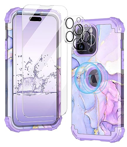 Hekodonk Magnetic for iPhone 14 Pro Max Case,[2Pcs Tempered Glass Screen Protector+2Pcs Camera Lens Protector],Heavy Duty Shockproof Plastic+Silicone 3 in 1 Case for iPhone 14 Pro Max Purple