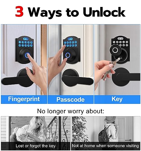 eLinkSmart Keyless Entry Door Lock Deadbolt with Handle Set, Fingerprint Door Lock with Door Knob Lever, Biometric Electronic Automatic Smart Digital Keypad Code Combination Door Lock for Front Door