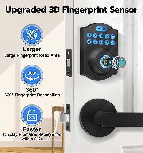 eLinkSmart Keyless Entry Door Lock Deadbolt with Handle Set, Fingerprint Door Lock with Door Knob Lever, Biometric Electronic Automatic Smart Digital Keypad Code Combination Door Lock for Front Door