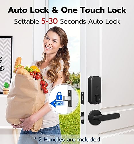 eLinkSmart Keyless Entry Door Lock Deadbolt with Handle Set, Fingerprint Door Lock with Door Knob Lever, Biometric Electronic Automatic Smart Digital Keypad Code Combination Door Lock for Front Door