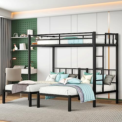 EMKK Triple Bunk Beds with Built-in Ladder, Twin Size Metal Bunkbeds w/Ladders and Full-Length Guardrails for Kids, Boys, Girls, Teens, Divided into 3 Separate Beds,Metal Bunkbed for 3