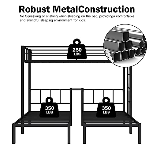 EMKK Triple Bunk Beds with Built-in Ladder, Twin Size Metal Bunkbeds w/Ladders and Full-Length Guardrails for Kids, Boys, Girls, Teens, Divided into 3 Separate Beds,Metal Bunkbed for 3