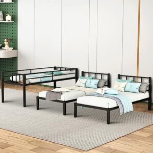 EMKK Triple Bunk Beds with Built-in Ladder, Twin Size Metal Bunkbeds w/Ladders and Full-Length Guardrails for Kids, Boys, Girls, Teens, Divided into 3 Separate Beds,Metal Bunkbed for 3