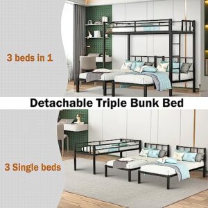 EMKK Triple Bunk Beds with Built-in Ladder, Twin Size Metal Bunkbeds w/Ladders and Full-Length Guardrails for Kids, Boys, Girls, Teens, Divided into 3 Separate Beds,Metal Bunkbed for 3