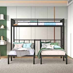 EMKK Triple Bunk Beds with Built-in Ladder, Twin Size Metal Bunkbeds w/Ladders and Full-Length Guardrails for Kids, Boys, Girls, Teens, Divided into 3 Separate Beds,Metal Bunkbed for 3