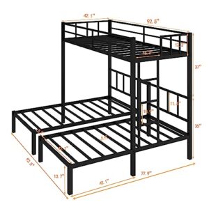 EMKK Triple Bunk Beds with Built-in Ladder, Twin Size Metal Bunkbeds w/Ladders and Full-Length Guardrails for Kids, Boys, Girls, Teens, Divided into 3 Separate Beds,Metal Bunkbed for 3