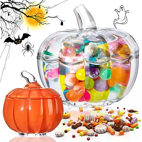 Dandat 2 Pcs Halloween Glass Pumpkin Jar with Lid 2 Sizes Halloween Candy Bowl Cute Snack Jar Crystal Candy Dish for Home Decoration Fall Thanksgiving Centerpieces Wedding Party, Clear and Orange