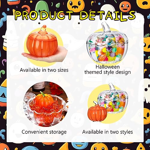 Dandat 2 Pcs Halloween Glass Pumpkin Jar with Lid 2 Sizes Halloween Candy Bowl Cute Snack Jar Crystal Candy Dish for Home Decoration Fall Thanksgiving Centerpieces Wedding Party, Clear and Orange