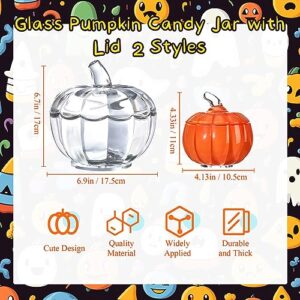 Dandat 2 Pcs Halloween Glass Pumpkin Jar with Lid 2 Sizes Halloween Candy Bowl Cute Snack Jar Crystal Candy Dish for Home Decoration Fall Thanksgiving Centerpieces Wedding Party, Clear and Orange