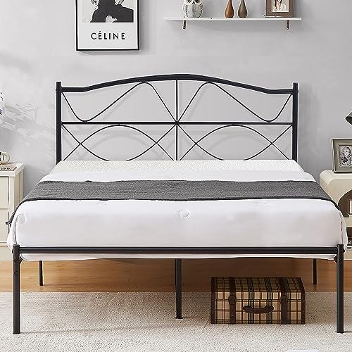 VECELO Queen Size Bed Frame, Metal Bed Platform with Headboard, Sturdy Steel Slats Support, No Box Spring Needed/Noise-Free,Easy Assembly, Black