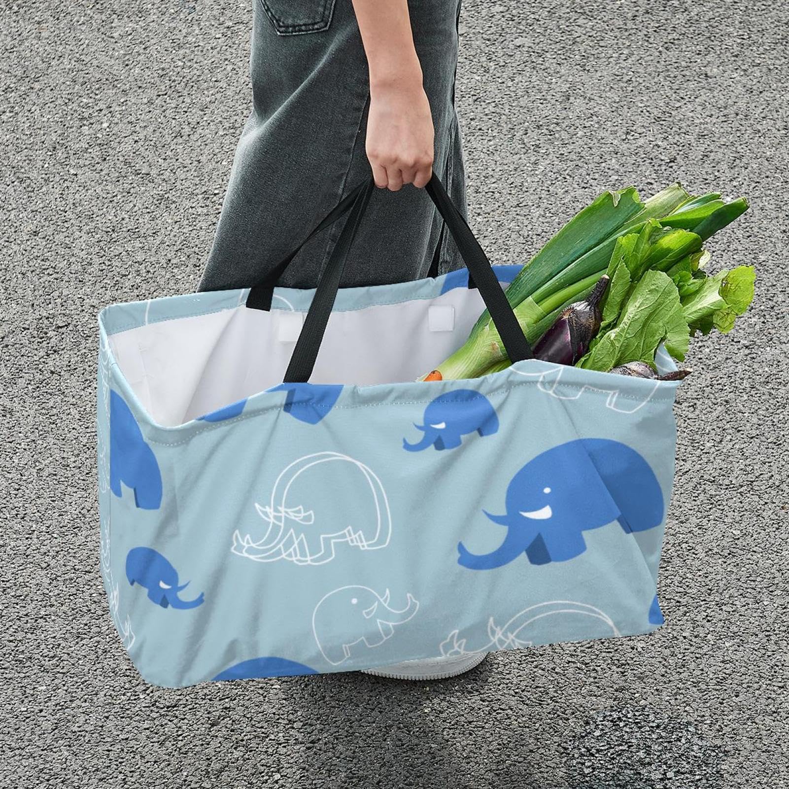 Cartoon Elephant Full Print Large Capacity Laundry Organizer Tote Bag - Reusable and Foldable Oxford Cloth Shopping Bags