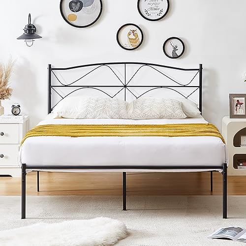 VECELO Queen Size Bed Frame, Metal Bed Platform with Headboard, Sturdy Steel Slats Support, No Box Spring Needed/Noise-Free,Easy Assembly, Black