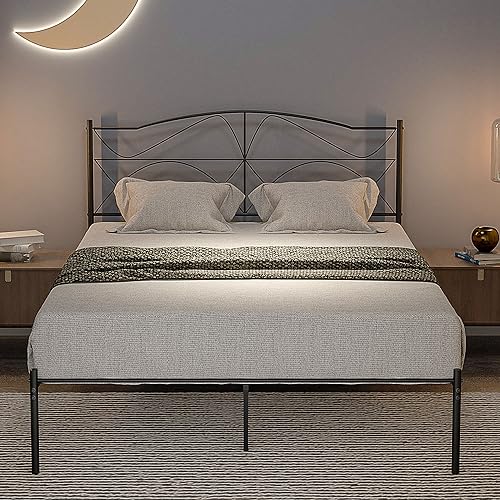 VECELO Queen Size Bed Frame, Metal Bed Platform with Headboard, Sturdy Steel Slats Support, No Box Spring Needed/Noise-Free,Easy Assembly, Black