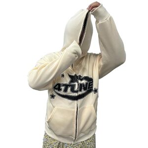 Women 's Vintage Graphic Star Letter Print Zip Up Hoodies Y2K Gothic Oversized Sweatshirts Aesthetic Jackets Streetwear (A-White, M)