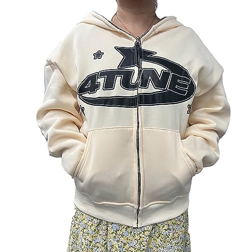 Women 's Vintage Graphic Star Letter Print Zip Up Hoodies Y2K Gothic Oversized Sweatshirts Aesthetic Jackets Streetwear (A-White, M)