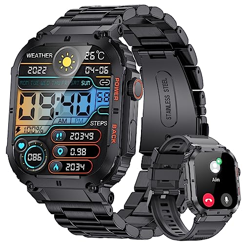 Military Smart Watches for Men, Smart Watch with Answer/Make Call Compatible with Android iOS Phone, Smartwatch with Heart Rate SpO2 Pressure Sleep Monitor, IP67 Waterproof Stainless Steel Smart Watch