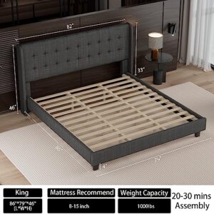 Nathaniel Home Bed Frame King Size Platform Bed, Tufted Upholstered Bed with Square Stitched Headboard, King Bed Frame with Wingback, Strong Wooden Slats, Easy Assembly…