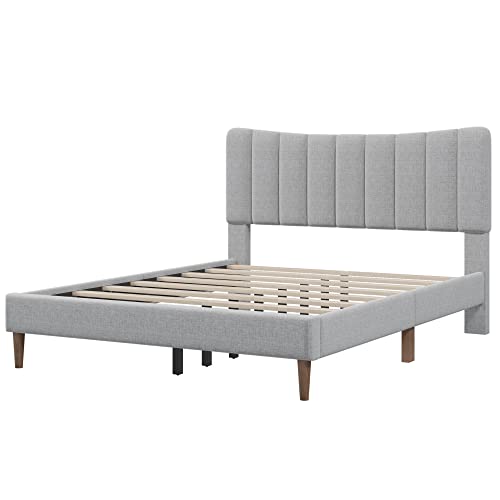 Prohon Upholstered Platform Bed, Queen Size Bed Frame and Headboard, Vertical Channel Tufted Bed, Bedframe for Kids/Teen/Adults, No Box Spring Needed,Wooden Slats Support, Gray